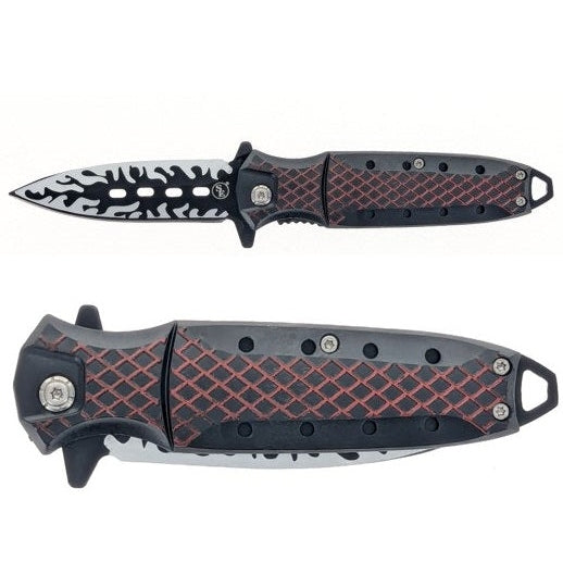 Manual-Opening Pocket Knife with Cross Hatch Red Pattern – Pyro Direct